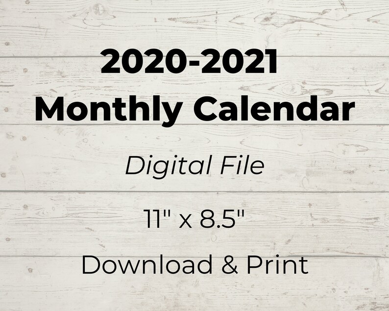2020-2021 Printable Calendar | Digital Download | Letter 8.5" X 11 ...