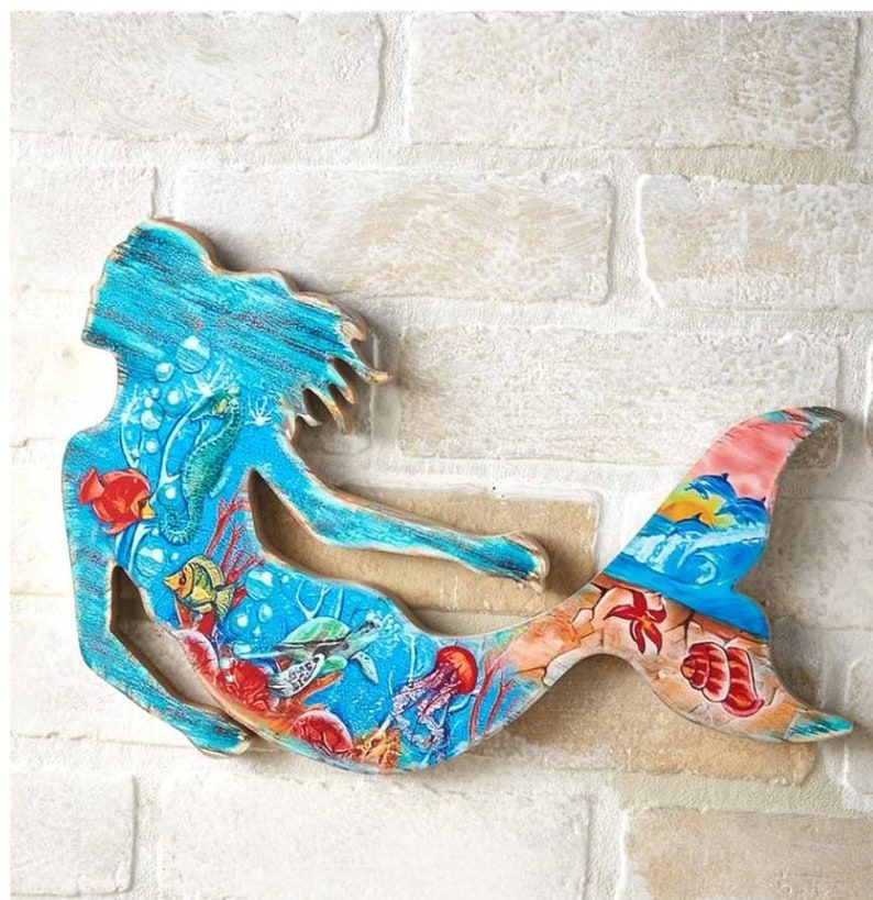 Mermaid Wall Handpainted Coastal Hanging With Glass Accents. | Etsy