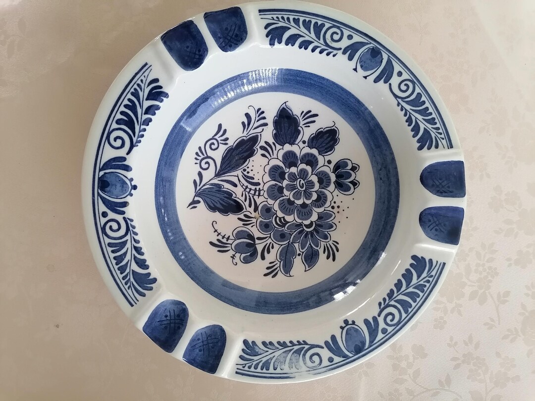 Delf Distel Blue White Floral Round Ashtray Original Handpainted - Etsy