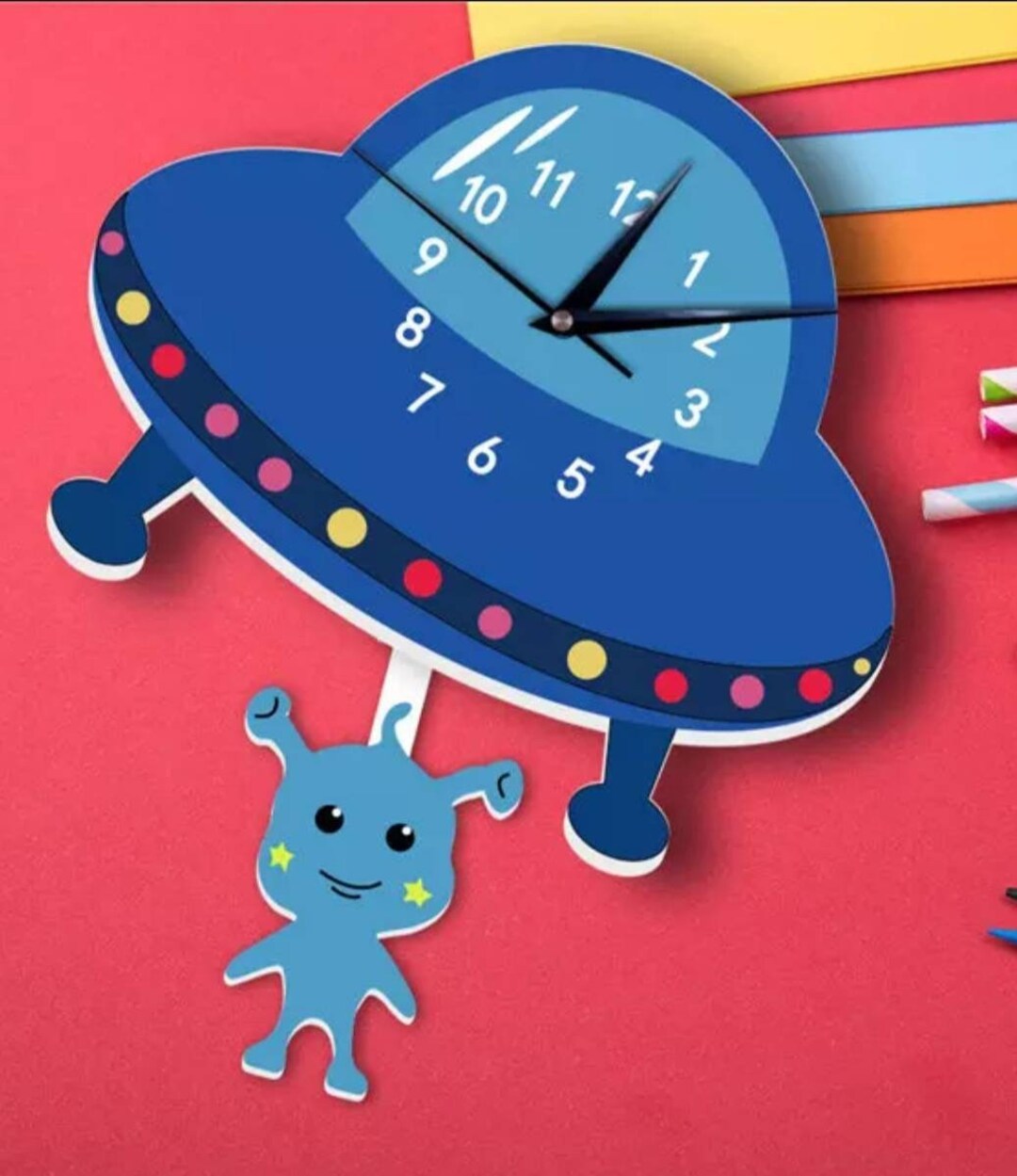 Cartoon Flying Saucer Wall Clock With Little Alien as Pendulum-kid's ...