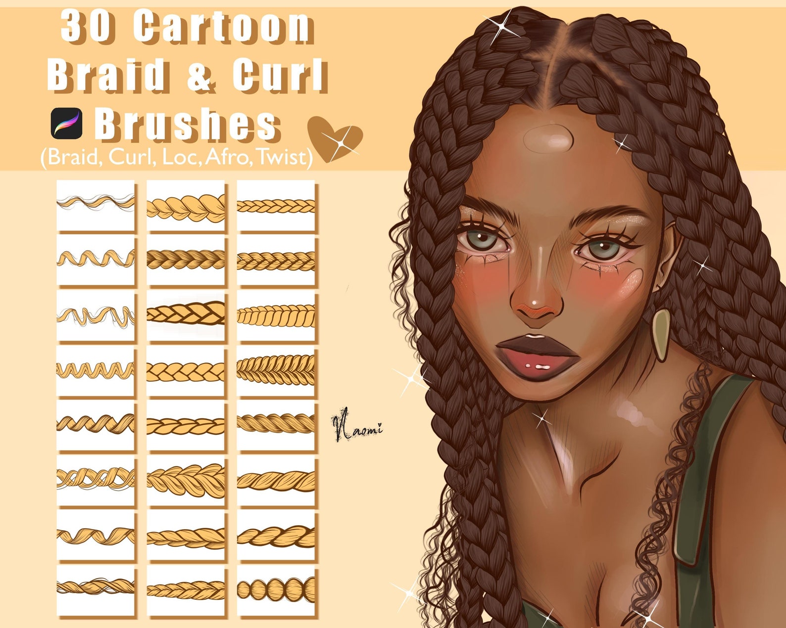 30 Procreate 2D Cartoon Braid and Curl Brushes, Braid, Loc, Curl, Afro ...