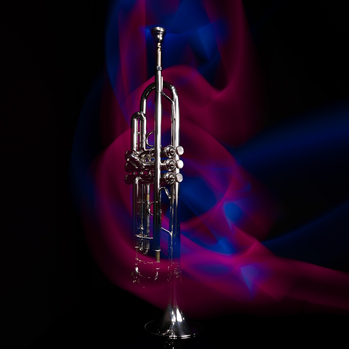 Photo Print of Trumpet With Red and Blue Light Reflections on Black ...