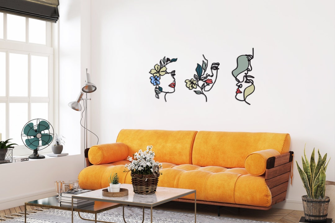 Faces Line Flower Metal Wall Art, Colorful Metal Wall Decor, Minimalist ...