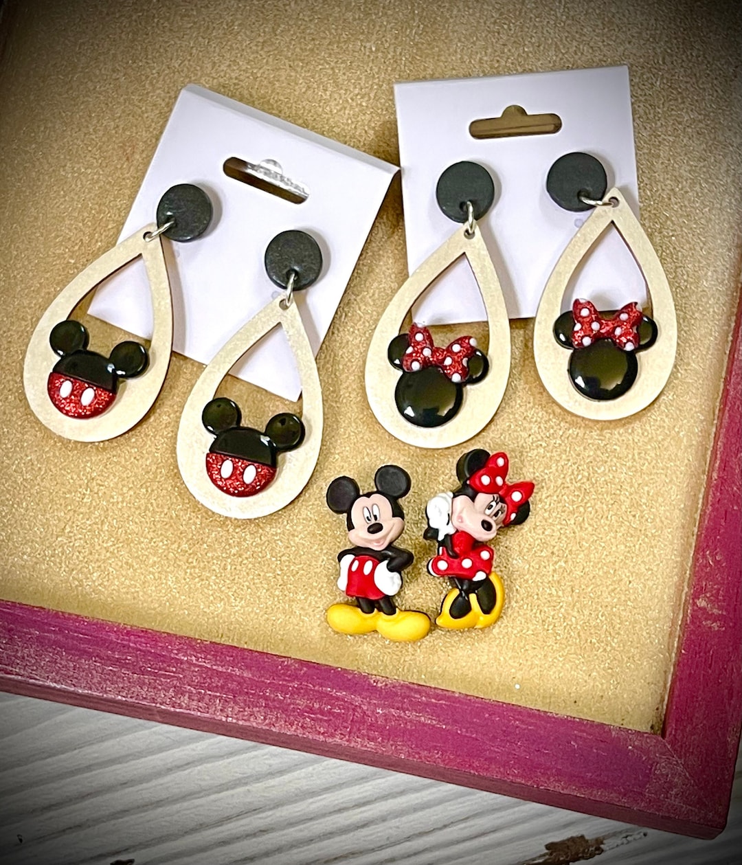 Disney Mickey Minnie Mouse Open Wooden Teardrop Earrings Polymer Clay ...