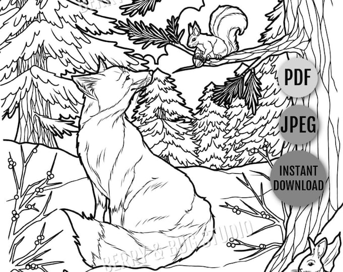 Winter Fox and Friends Coloring Page Printable Adult Coloring Page PDF ...