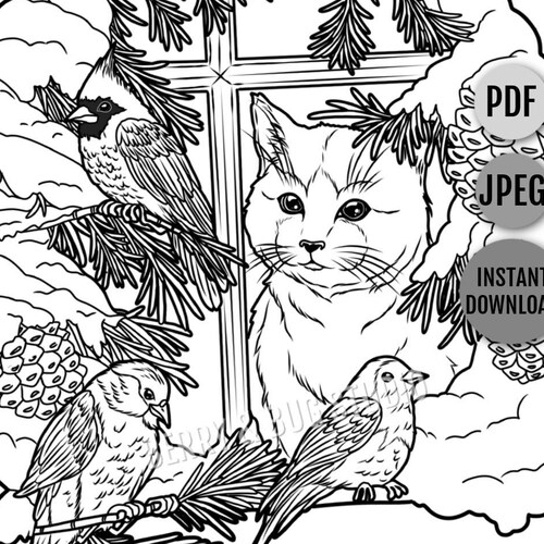 Winter Cat Coloring Page Printable Adult Coloring Page - Etsy