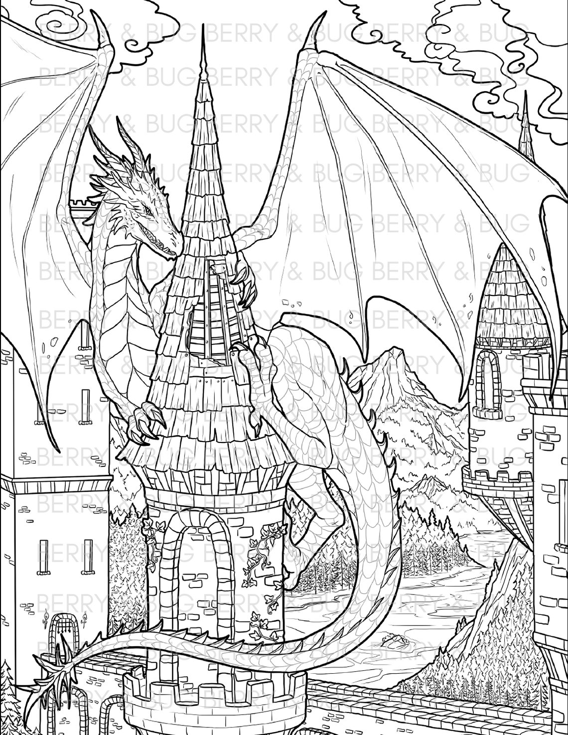 Dragon Adult Coloring Page Fantasy Illustration Coloring - Etsy