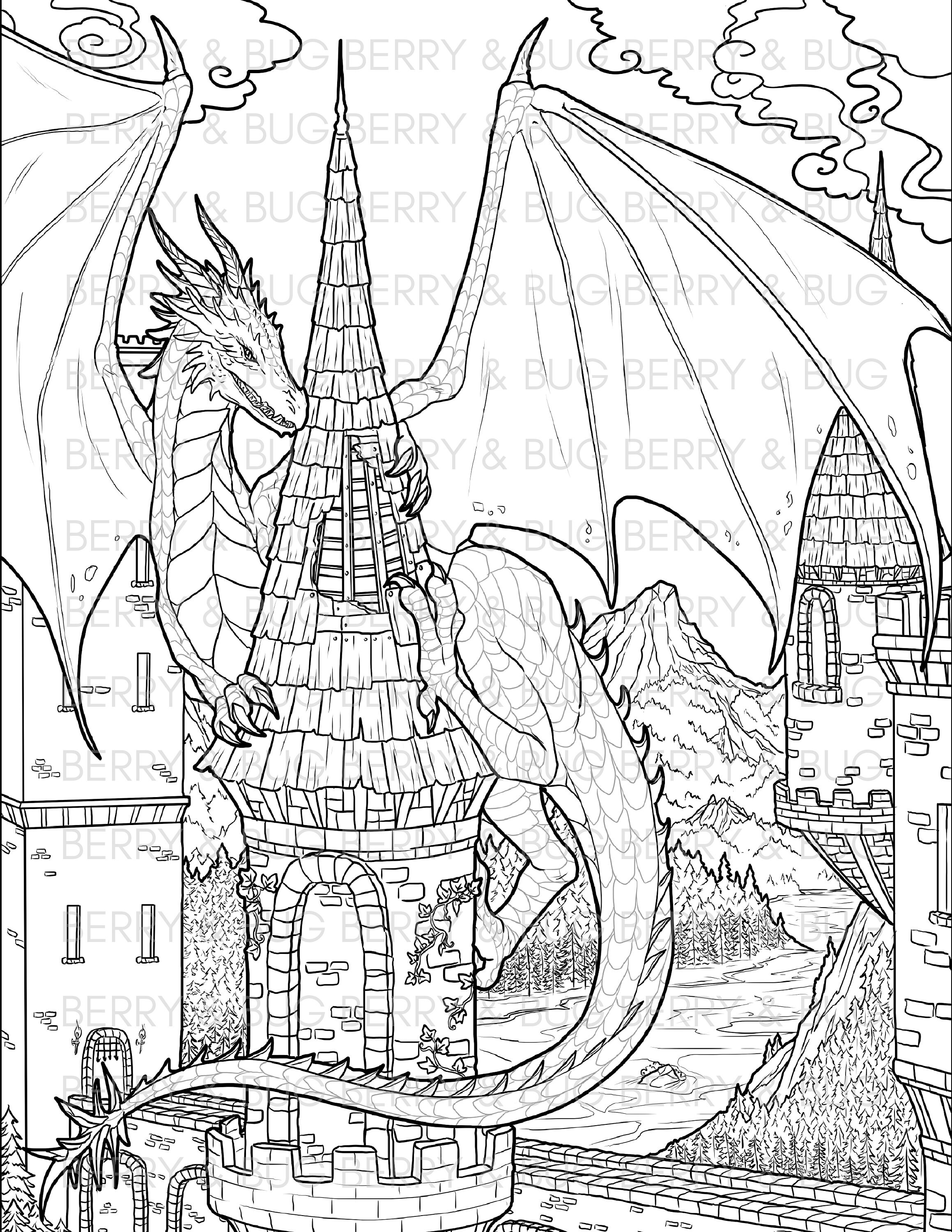 Dragon Adult Coloring Page Fantasy Illustration Coloring - Etsy