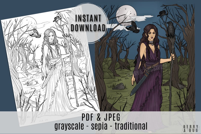 Morrigan Coloring Page Printable Adult Coloring Page Crow | Etsy