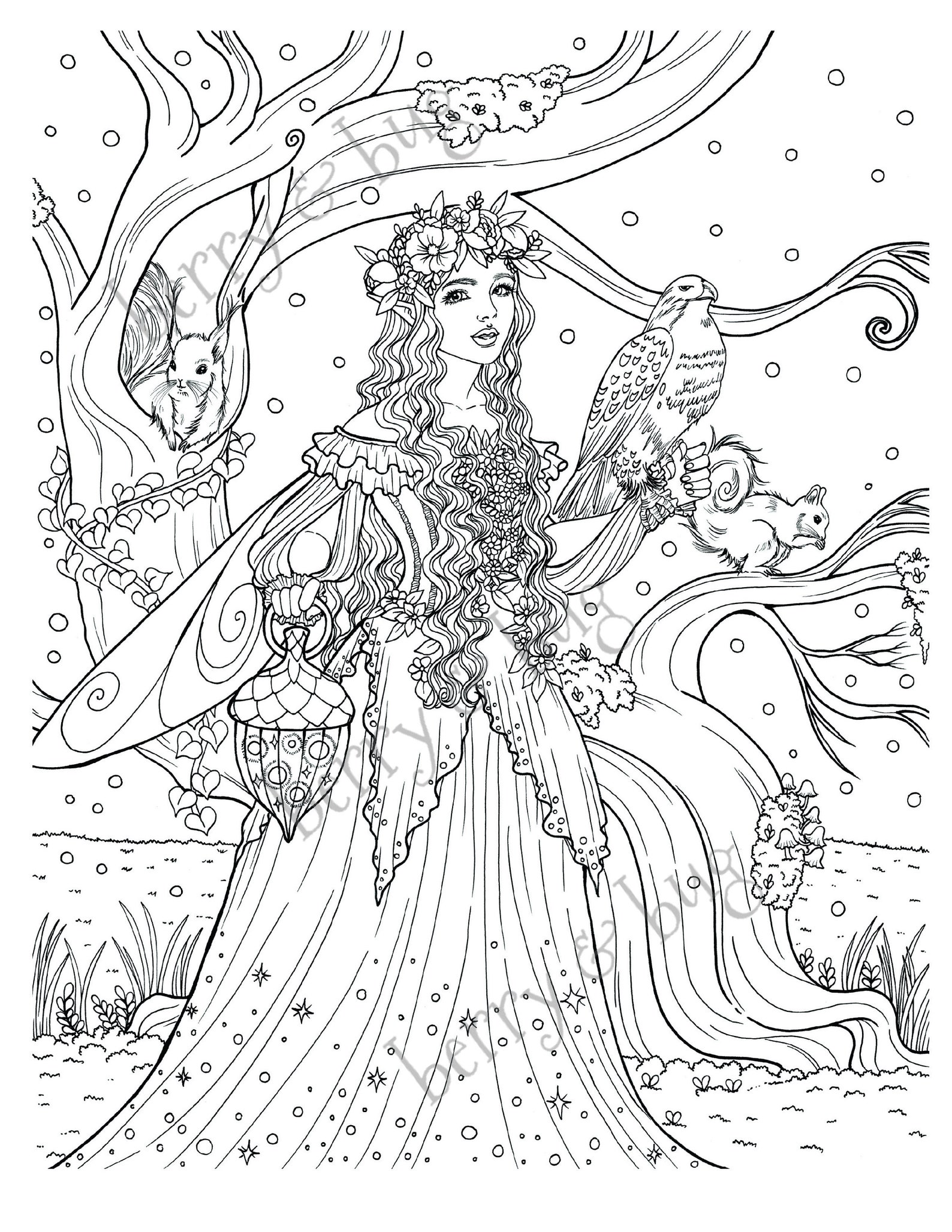 Forest Fairy Coloring Page Printable Adult Coloring Page | Etsy