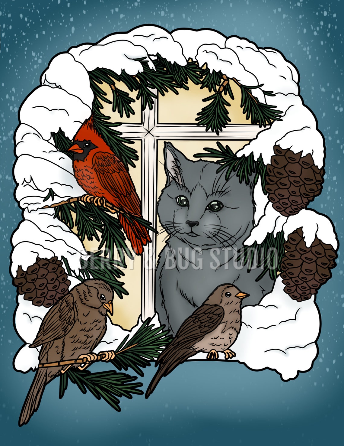 Winter Cat Coloring Page Printable Adult Coloring Page - Etsy