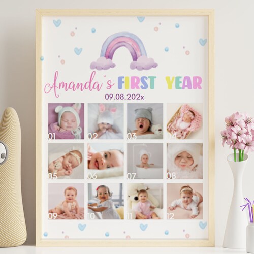 First Year Photo Board Template 1st Birthday Photo Collage - Etsy