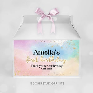 EDITABLE Pastel Rainbow Gable Gift Box Label, Watercolor Rainbow 1st ...
