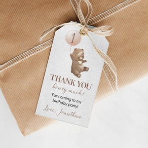 EDITABLE Teddy Bear Birthday Favor Tags, Beary First Birthday Thank You ...