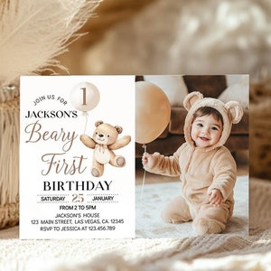 Bear Birthday Invitation, Beary First Birthday Party Invitation, Teddy ...