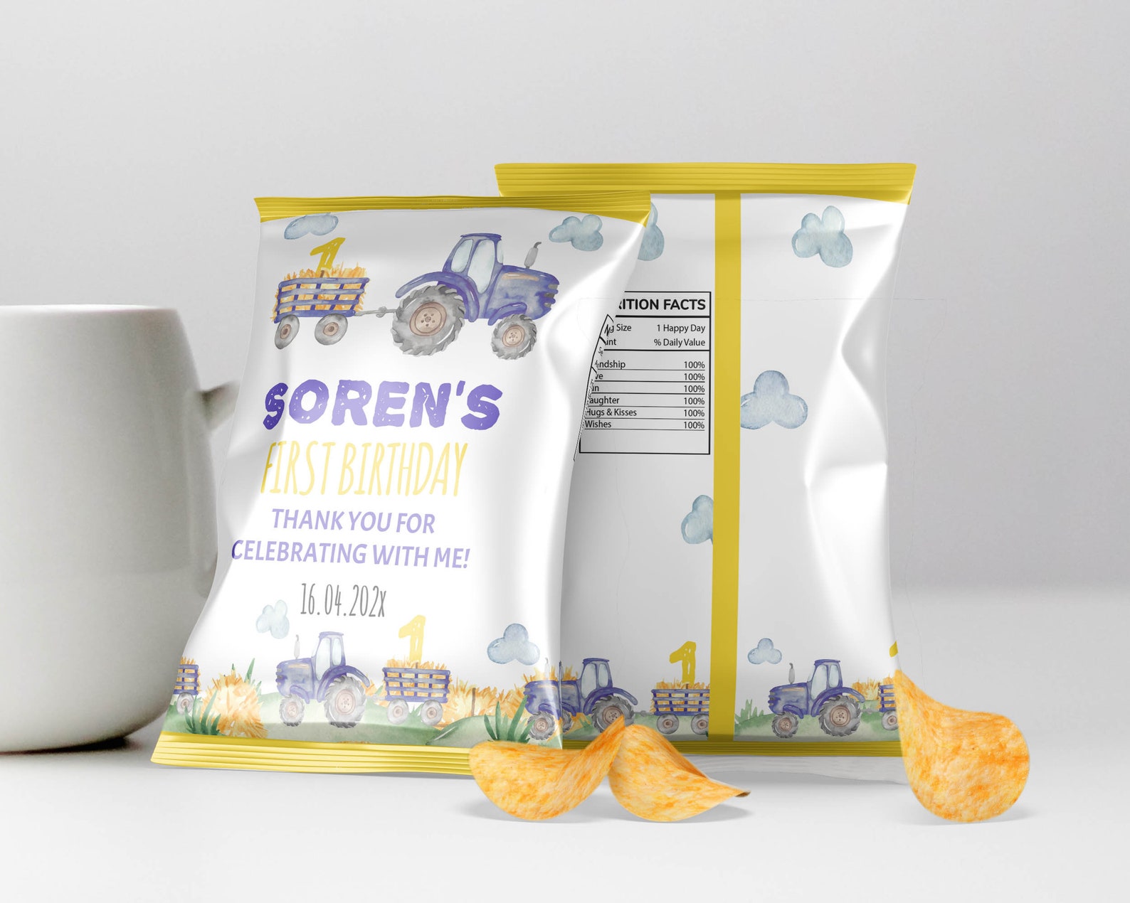 EDITABLE Tractor Birthday Chip Bag Farm Chip Bag Blue - Etsy