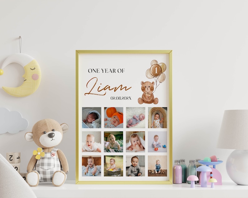 Editable Bear First Year Photo Collage, Modern Bear 12 Month Collage ...