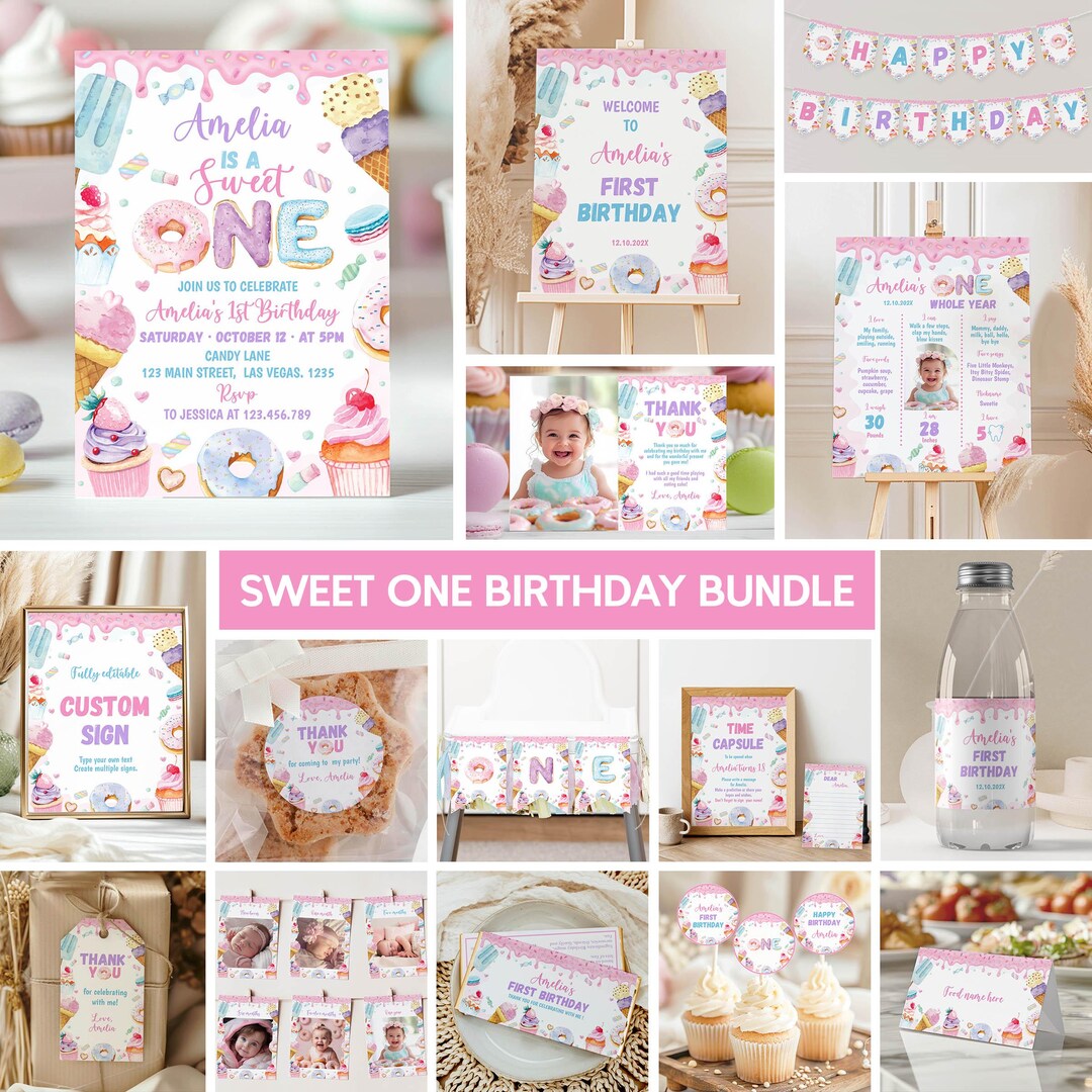 Editable Sweet One First Birthday Invitation Bundle, Donut Birthday ...