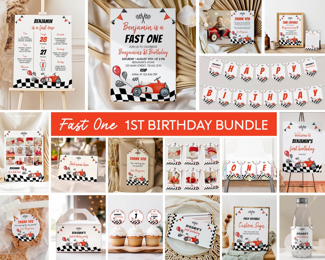Race Car Birthday Invitation Bundle, Fast One 1st Birthday Bundle Decor ...