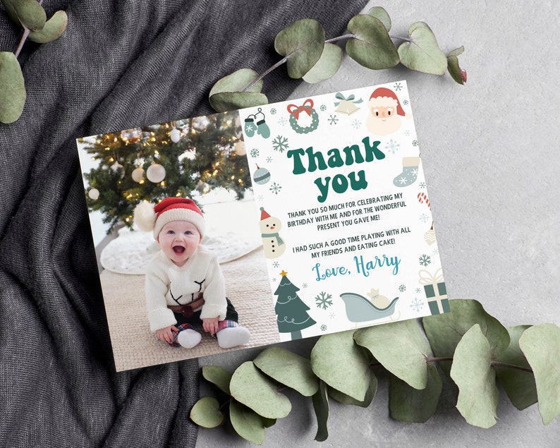 EDITABLE Christmas Birthday Party Photo Thank You Card, Winter Thank ...