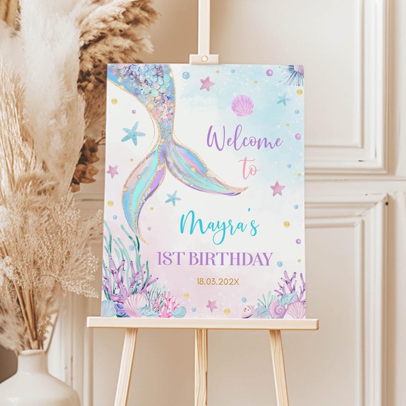 EDITABLE Mermaid Birthday Welcome Sign, Under the Sea Birthday Sign ...