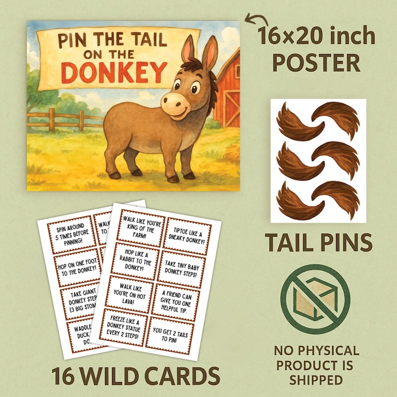 Pin the Tail on the Donkey Game, Printable Farm Birthday Party Game ...