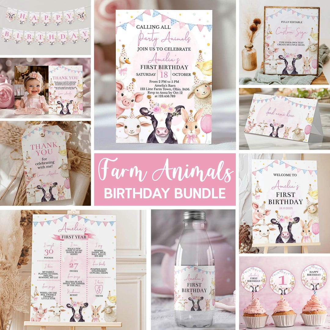 Editable Farm Party Animals Birthday Invitation Bundle, Barnyard ...