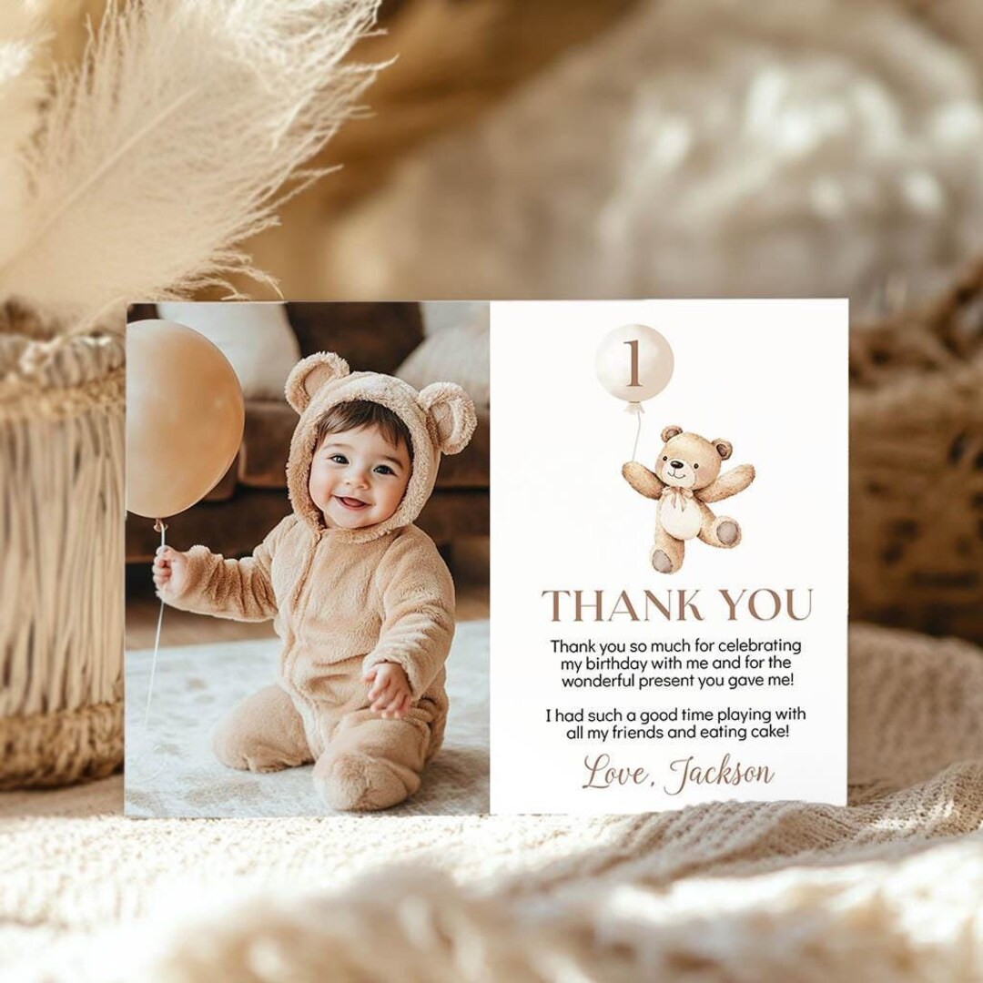 EDITABLE Beary 1st Birthday Thank You Card, Modern Teddy Bear Picture ...