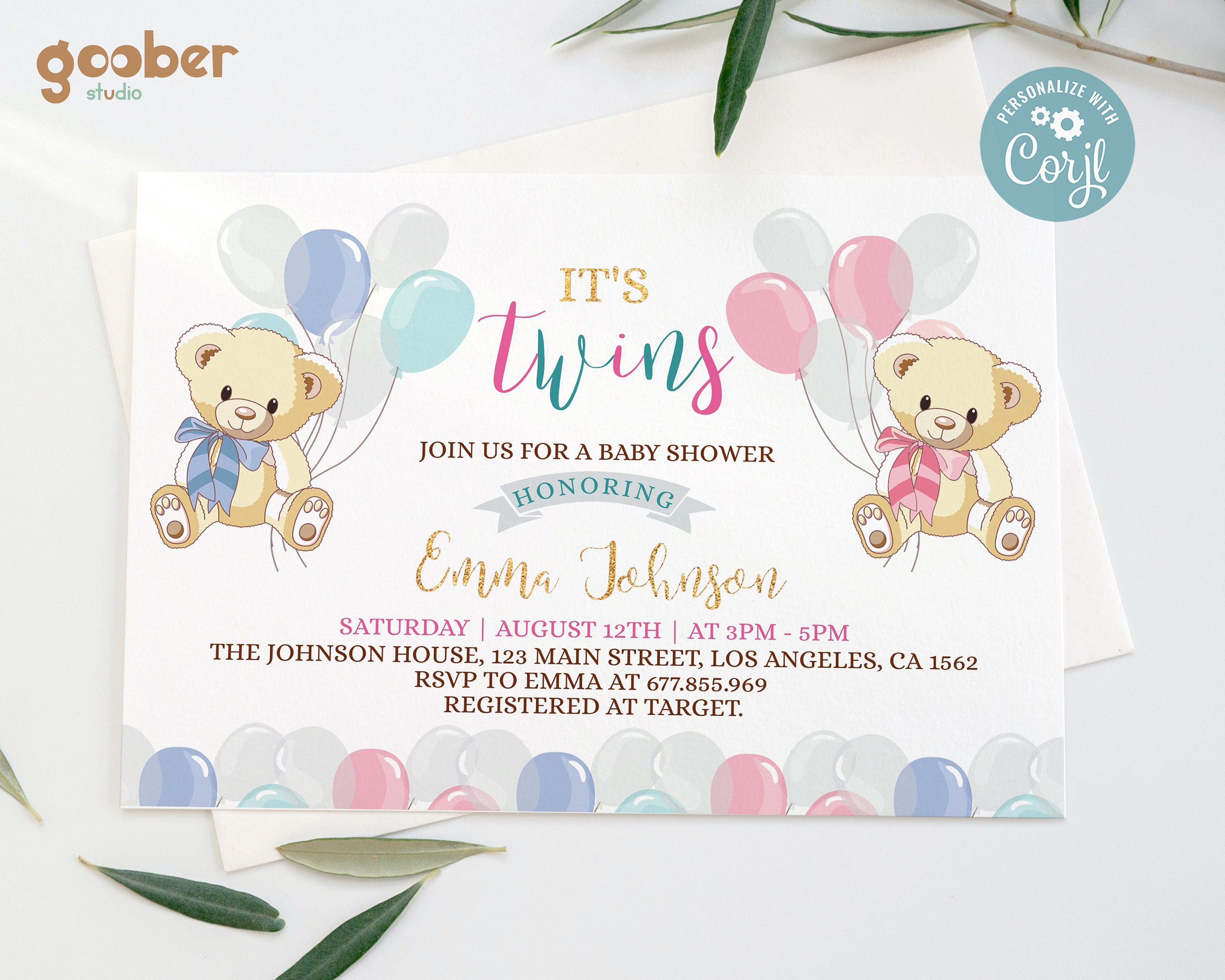 EDITABLE Teddy Bear Twins Baby Shower Invitation for Boy and - Etsy
