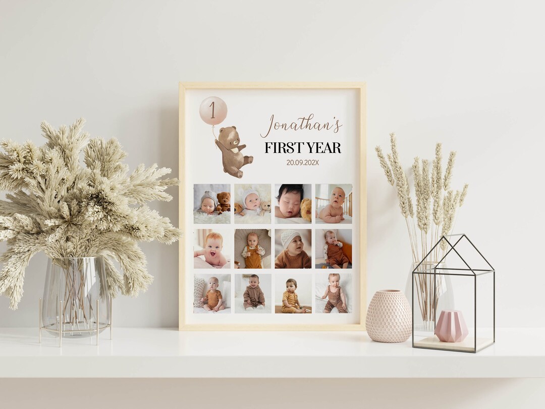 Editable Bear First Year Photo Collage, Modern Bear 12 Month Collage ...