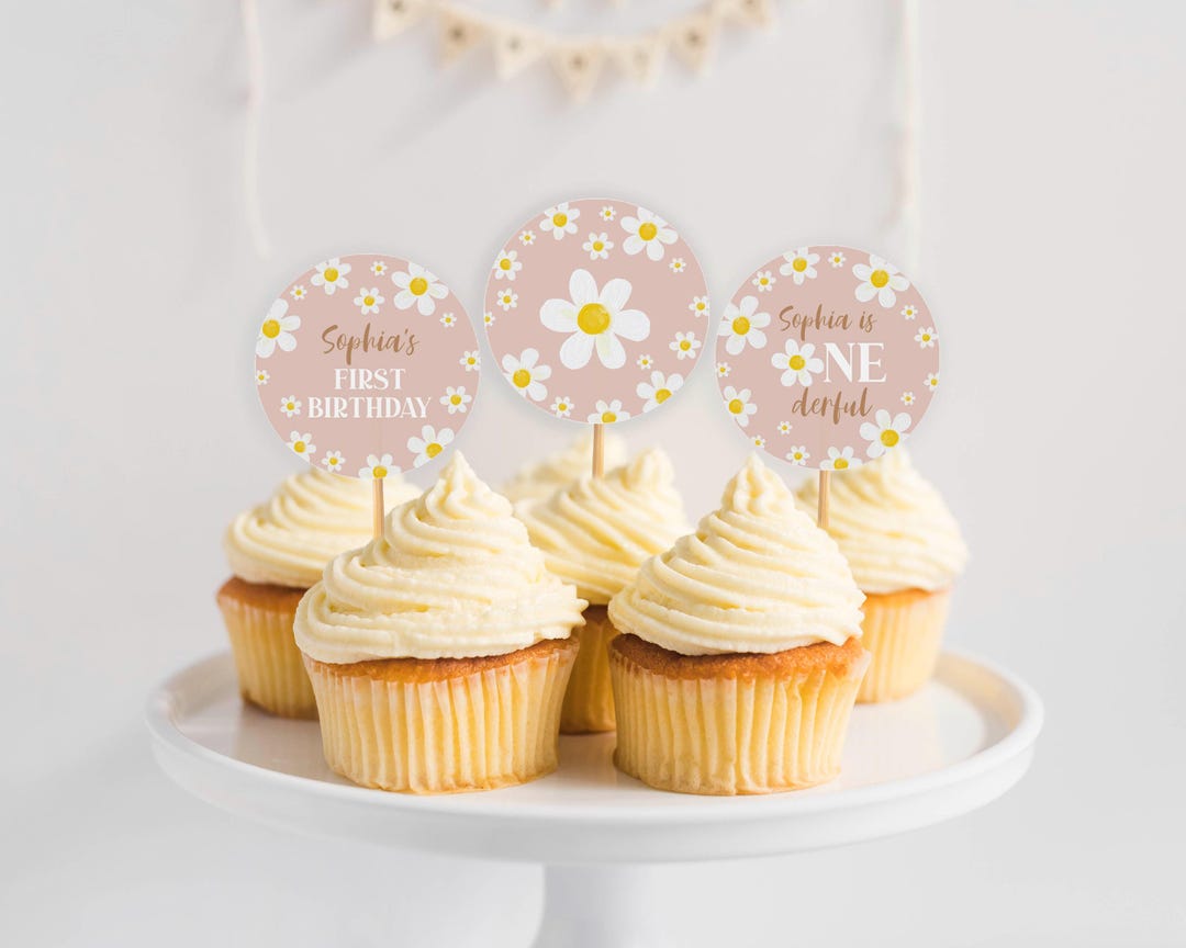 Editable Daisy Cupcake Topper, Daisy Birthday Party Decoration, Retro ...