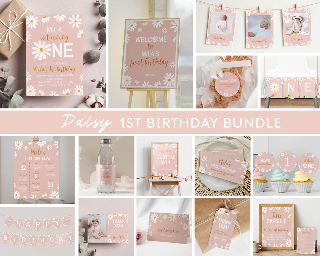 Editable Daisy First Birthday Invitation Bundle, Daisy Birthday Party ...