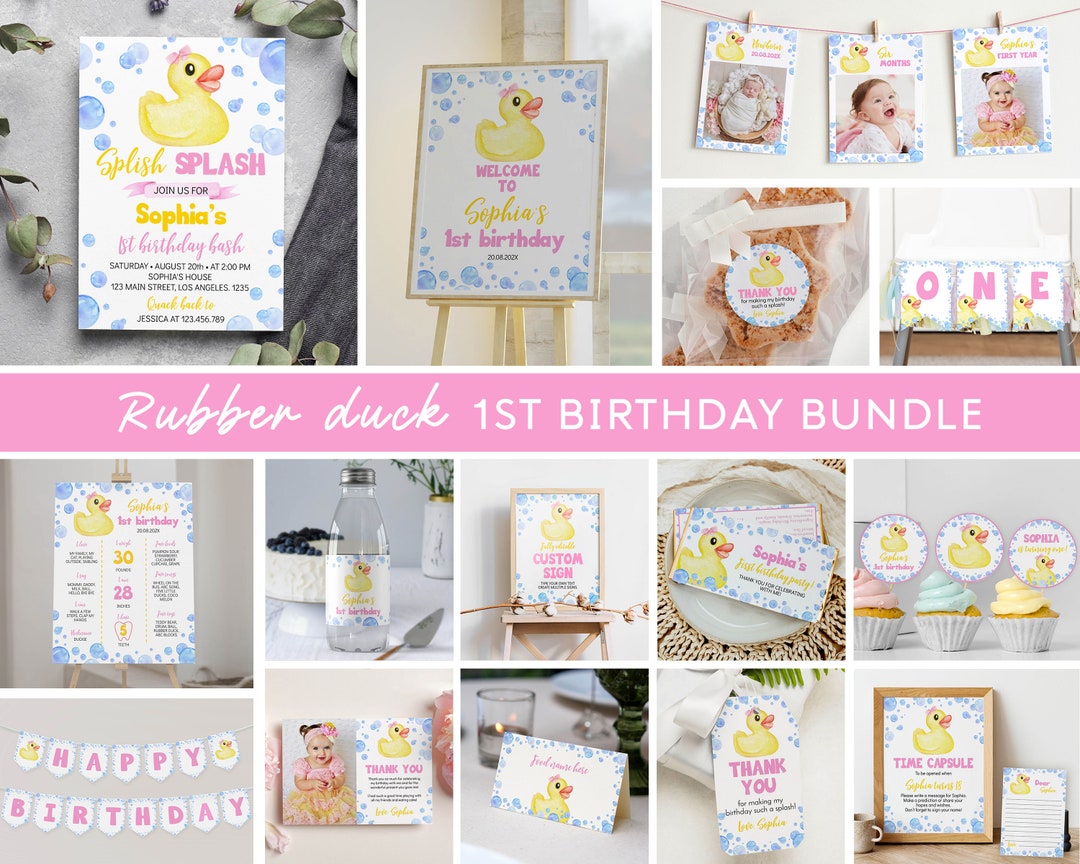 Editable Rubber Duckie Birthday Invitation Bundle, Girl 1st Birthday ...