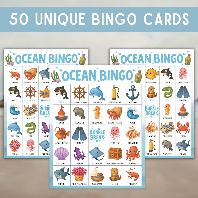 Ocean Bingo Game Printable | Under the Sea Bingo Cards | Ocean Themed ...