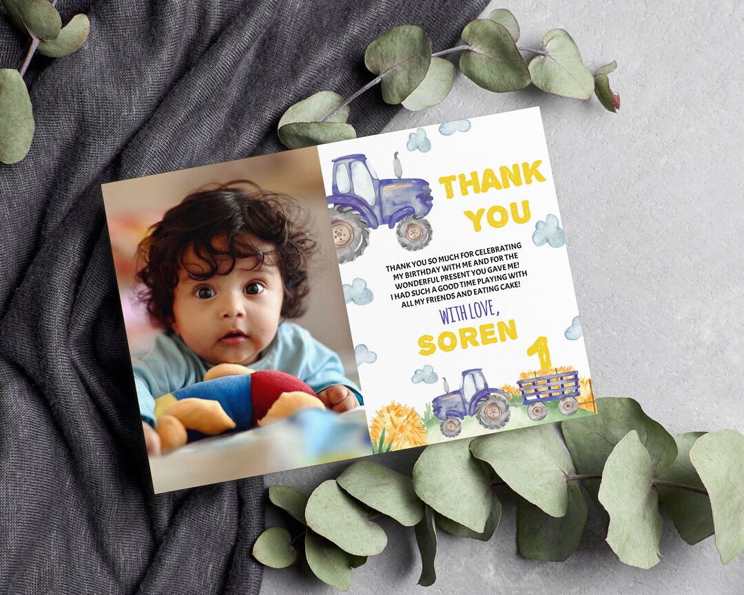 EDITABLE Tractor Birthday Thank You Card, Farm Birthday Party Picture ...