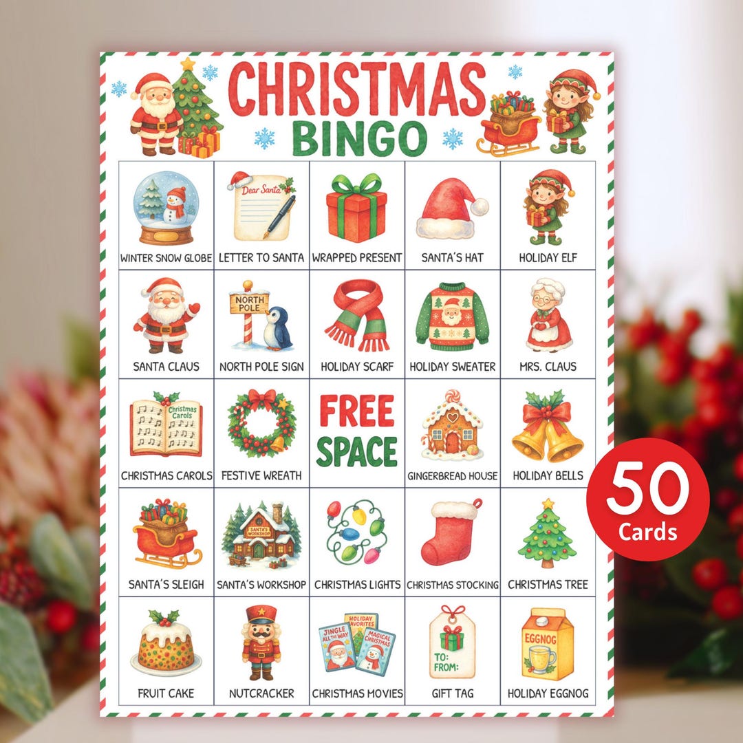 Christmas Bingo Game Printable for Kids, 50 Bingo Cards Party Game ...