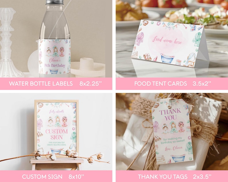 Spa Birthday Party Invitation Bundle, Editable Spa Party Complete Set ...