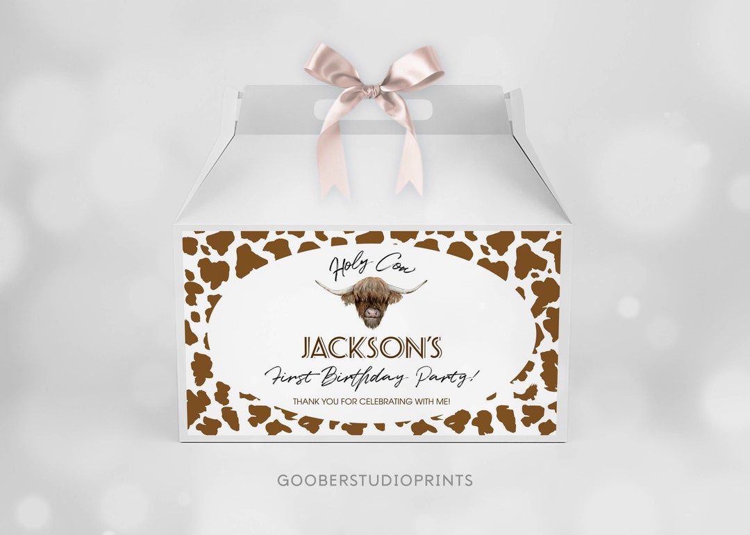 EDITABLE Holy Cow I'm One Gable Gift Box Label, Cow Birthday Party ...