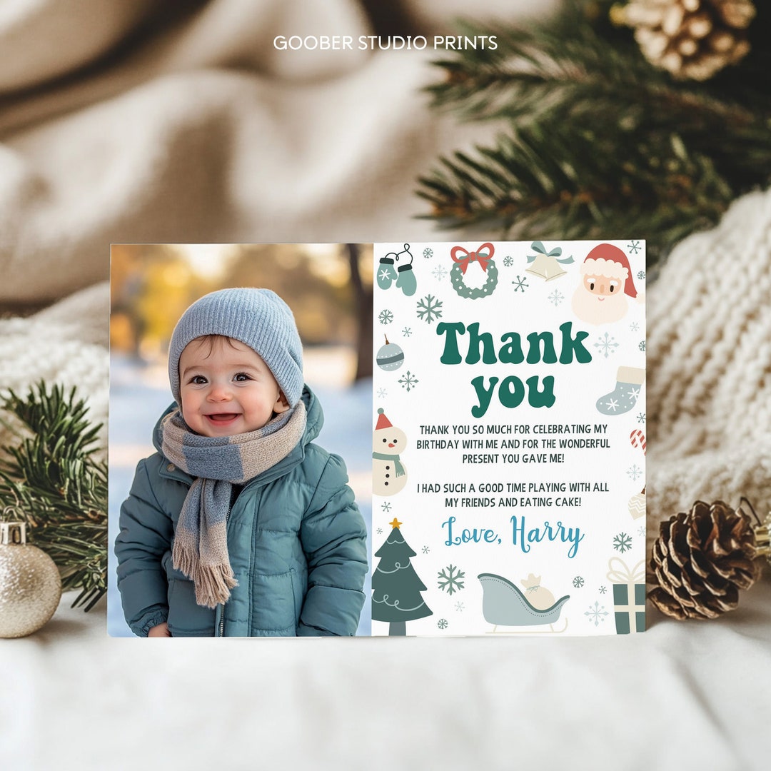 EDITABLE Christmas Birthday Party Photo Thank You Card, Winter Thank ...