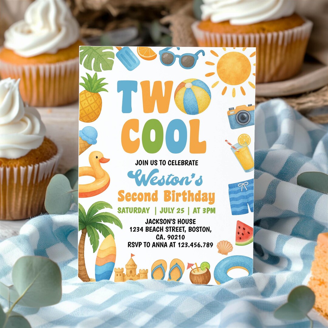 Editable Two Cool Birthday Invitation, Summer Party Invite, Tropical ...