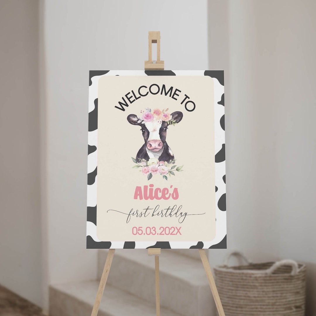 EDITABLE Cow Birthday Party Welcome Sign, Holy Cow I'm One Birthday ...
