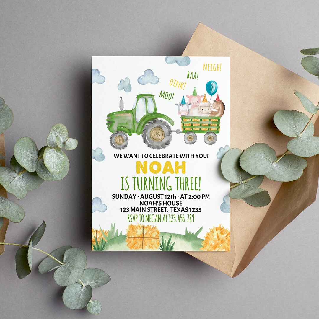 EDITABLE Tractor Birthday Invitation, Green Tractor Invitation, Boy 3rd ...