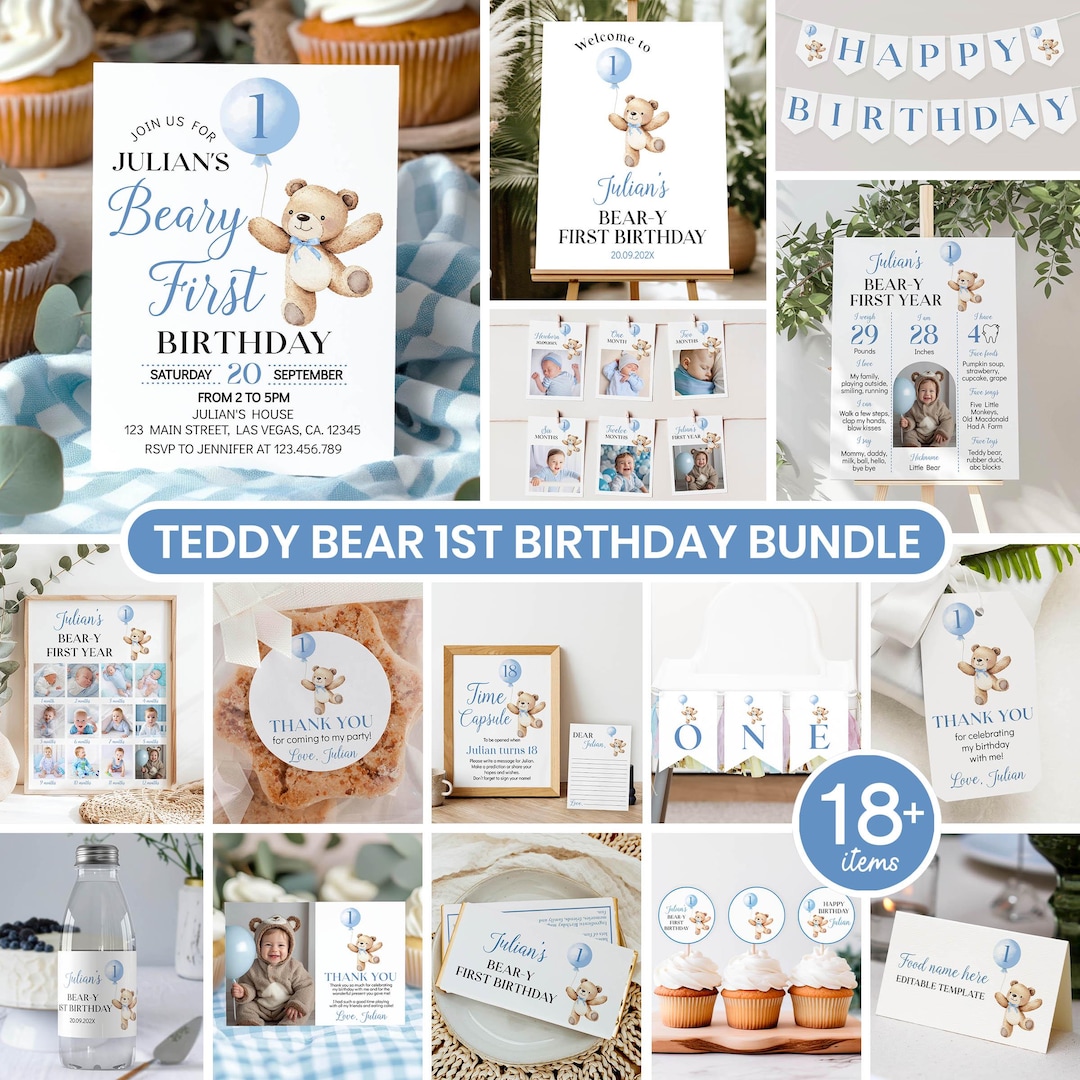 Editable Beary 1st Birthday Invitation Bundle, Modern Bear 1st Birthday ...