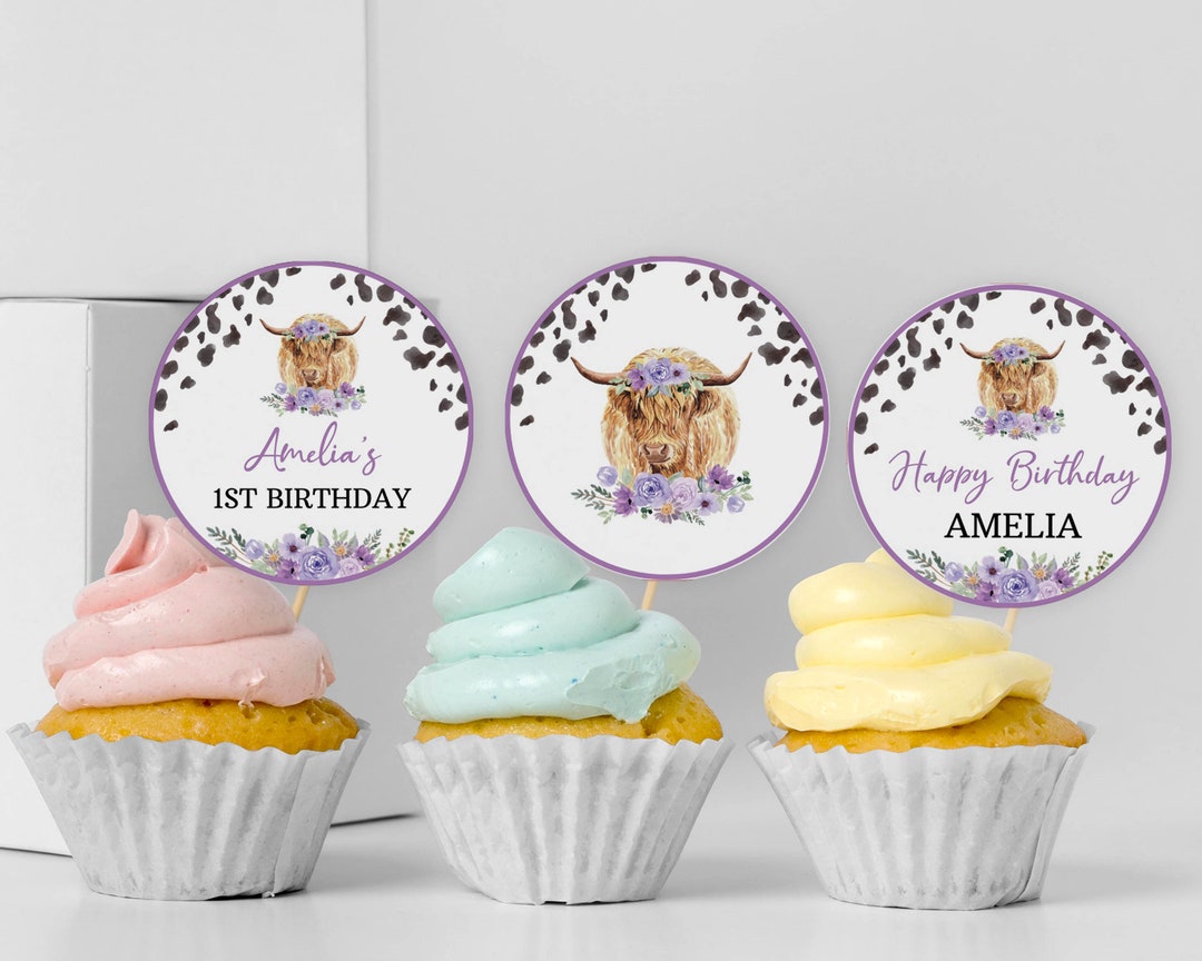 Editable Cow Cupcake Topper, Highland Cow Birthday Cupcake Topper, Holy ...