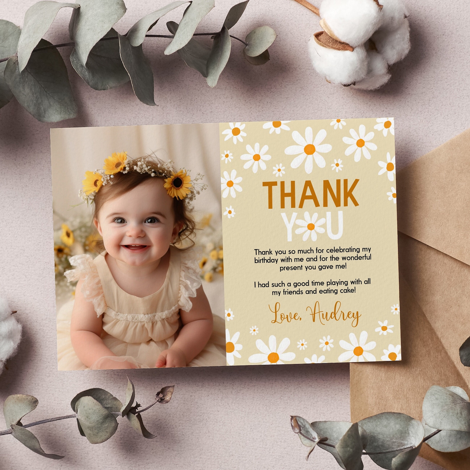 Daisy Birthday Photo Thank You Card, Daisy Birthday Party Favor Card ...