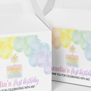 EDITABLE Pastel Rainbow Gable Gift Box Label, Pastel 1st Birthday Favor ...