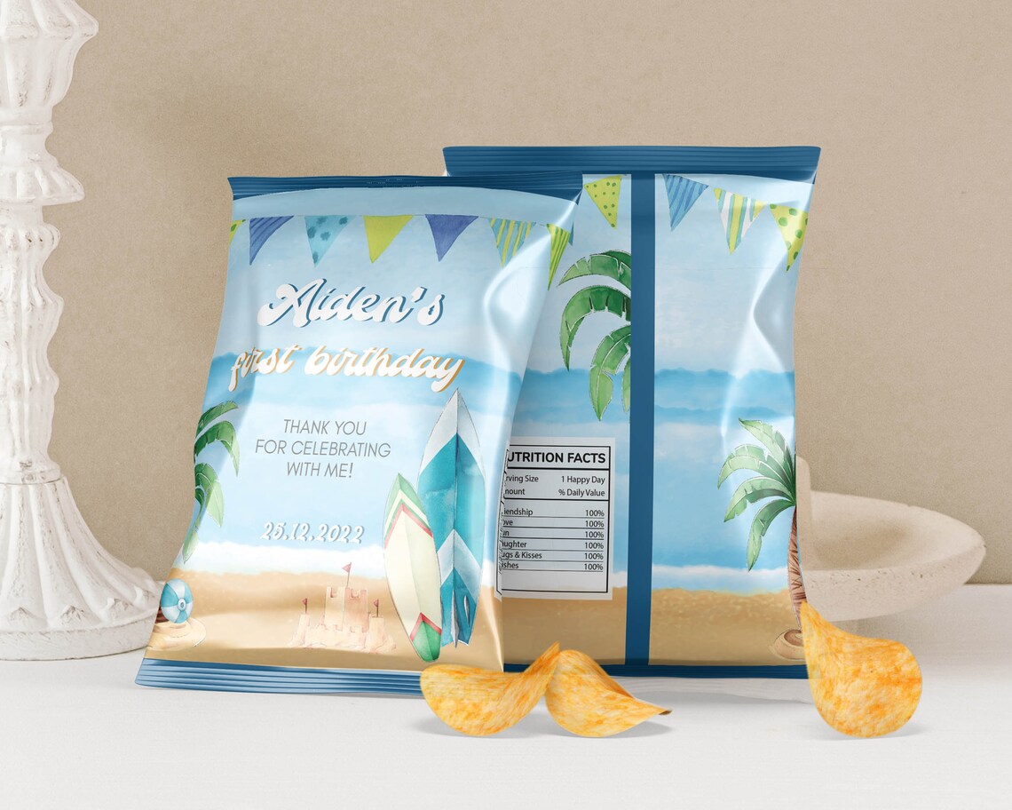 EDITABLE Surf Birthday Party Chip Bag the Big One Wave - Etsy