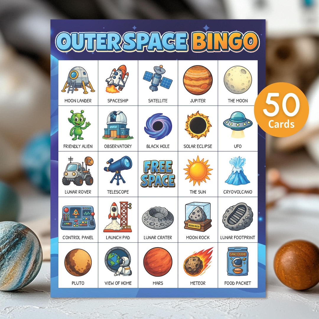 Outer Space Bingo 50 Unique Cards, Solar System Printable for Astronaut ...