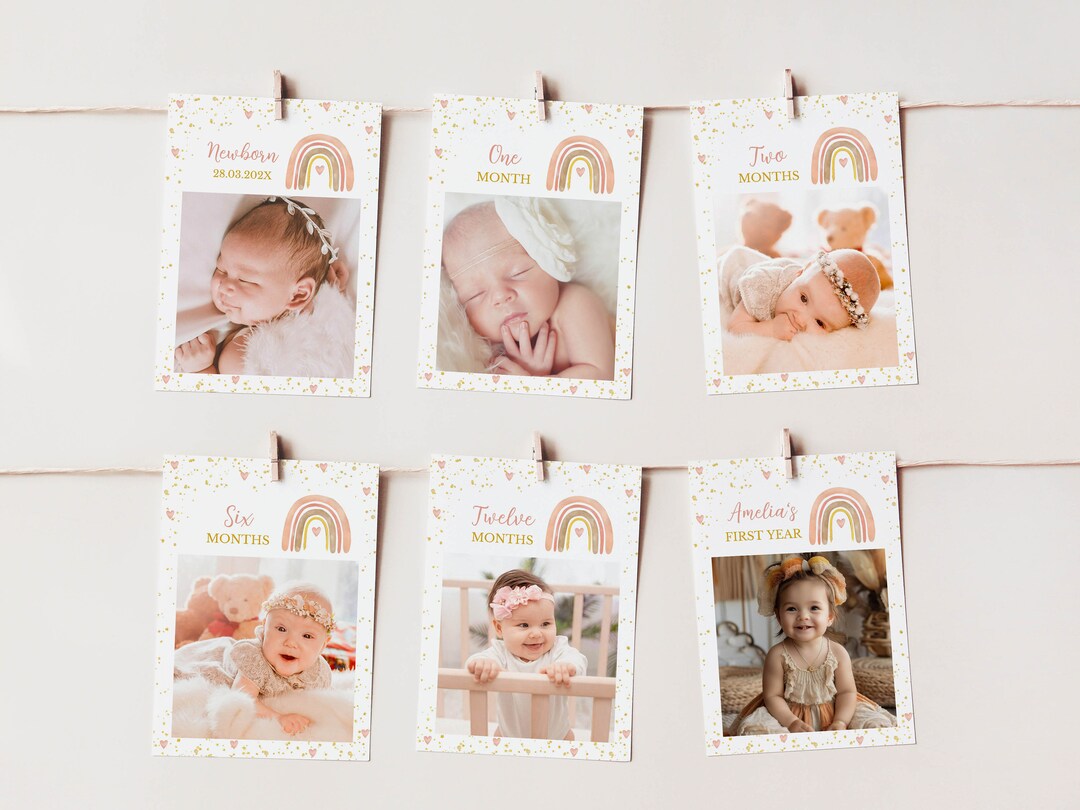 Editable Boho Rainbow Monthly Photo Banner, Girl 1st Birthday Photo ...