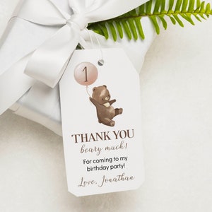 EDITABLE Teddy Bear Birthday Favor Tags, Beary First Birthday Thank You ...